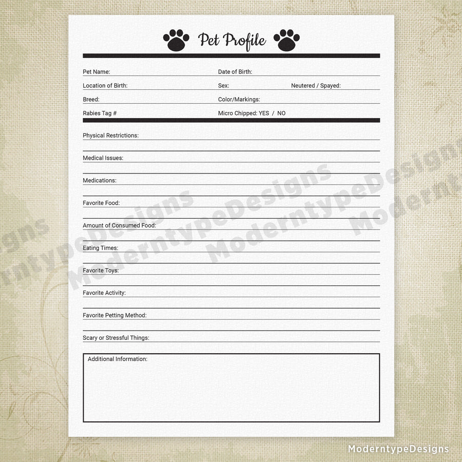Pet Forms Printable Kit for Pet Owners