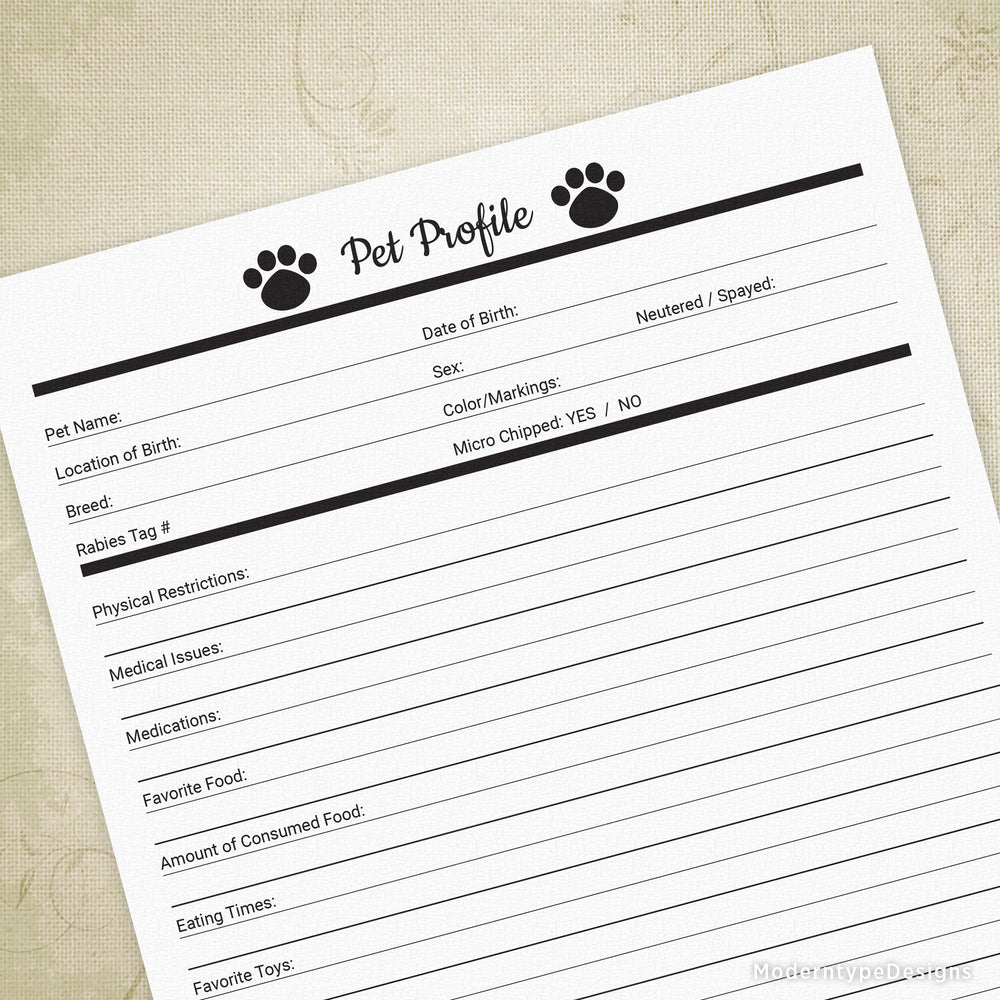 Pet Profile Printable for Pet Owners & Businesses