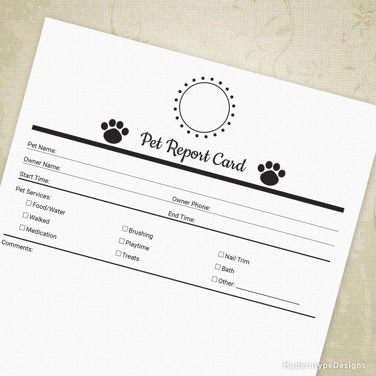 Pet Report Card Printable Form for Pet Businesses