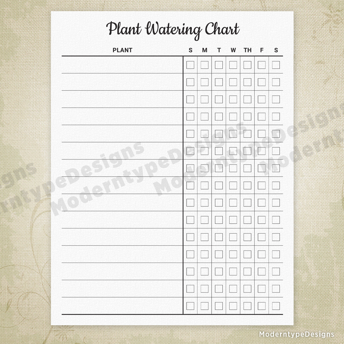 Plant Watering Chart Printable
