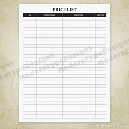 Price List Printable Form