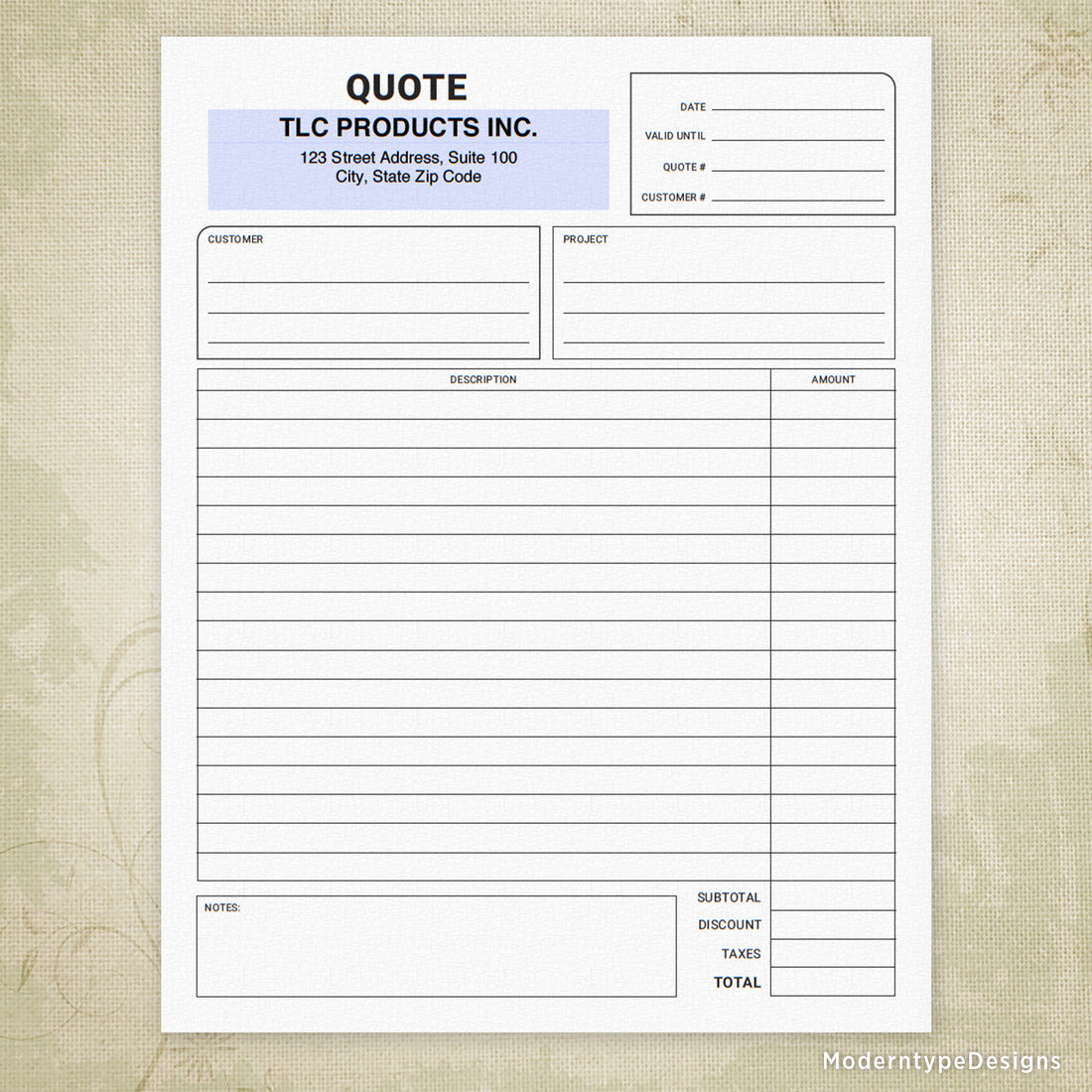 Price Quote Printable Form with Lines, Personalized