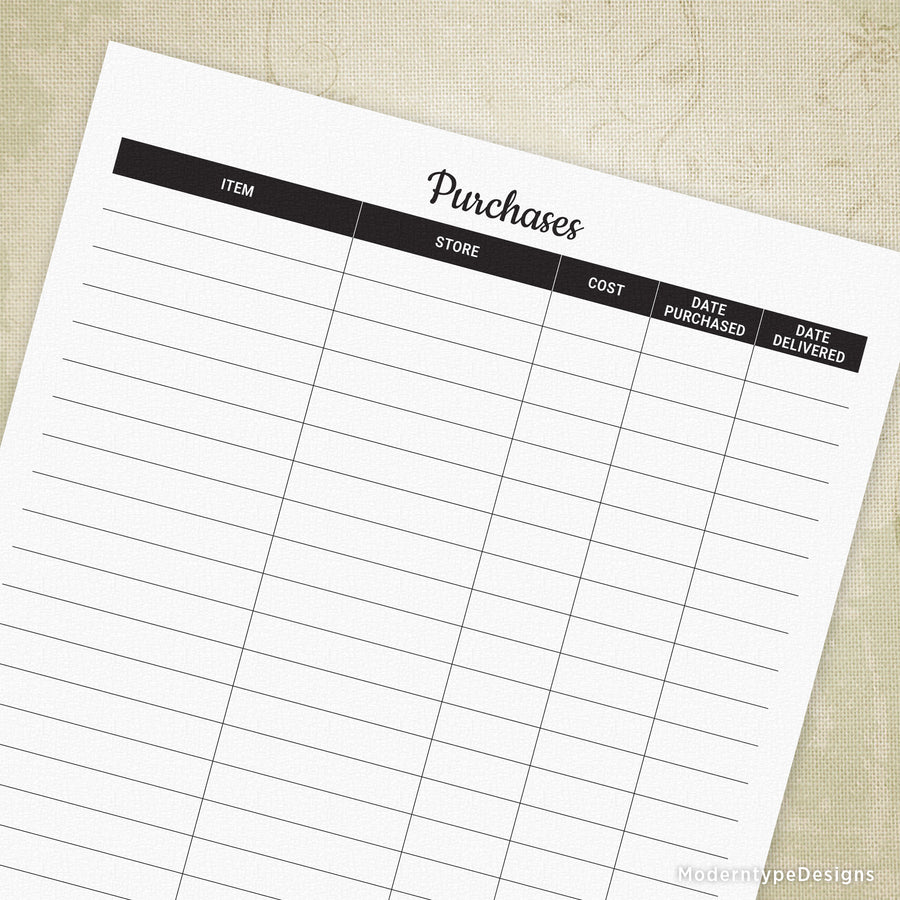 Purchases Tracker Printable