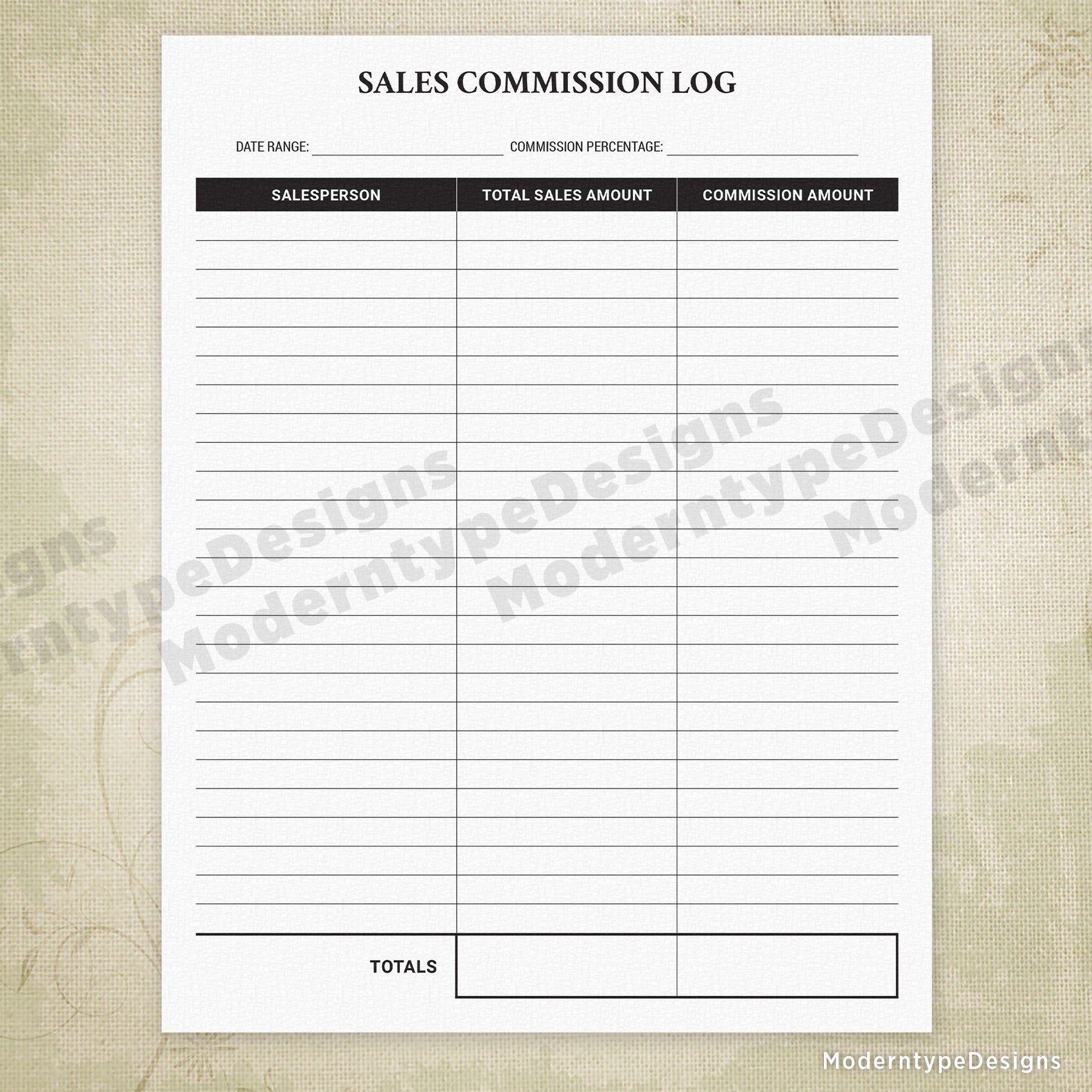 Business Sales Commission Log Printable Form