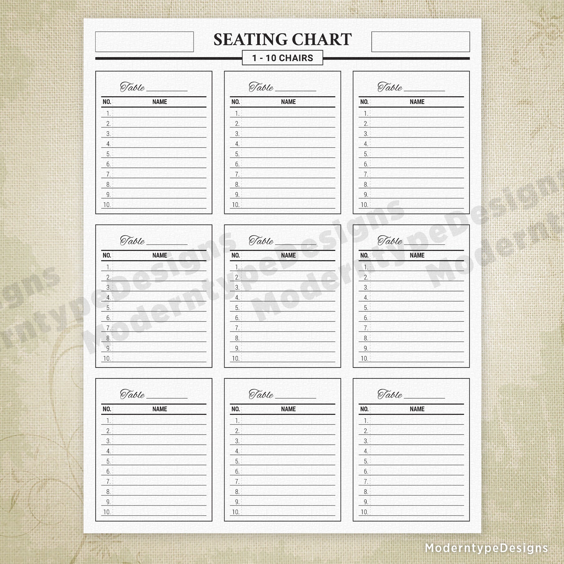 Table Seating Chart Printable, 1-10 Chairs