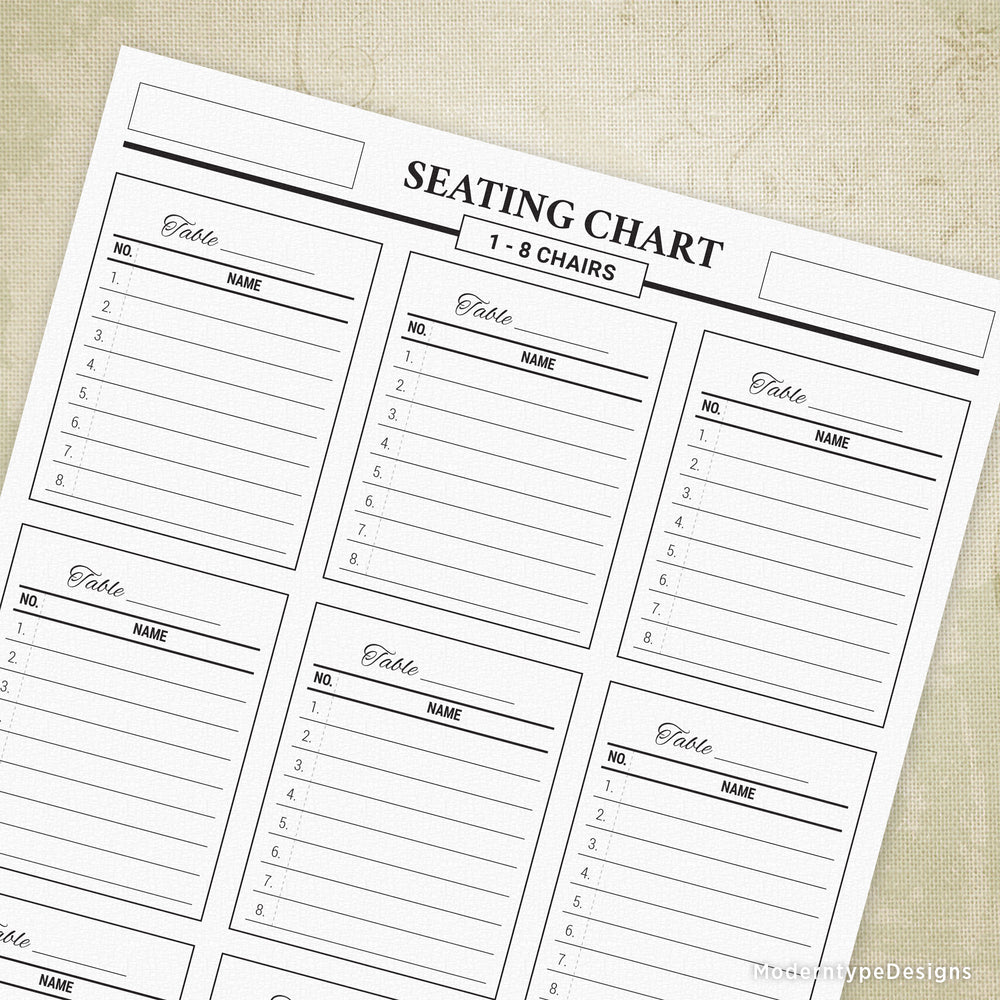 Table Seating Chart Printable, 1-8 Chairs