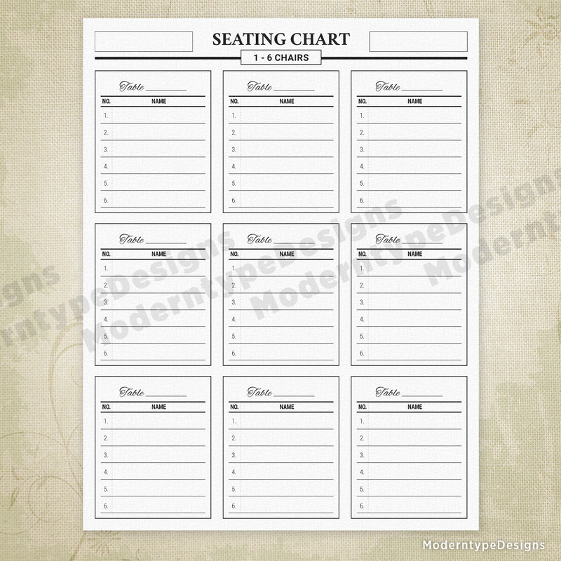 Table Seating Chart Printable, 1-6 Chairs