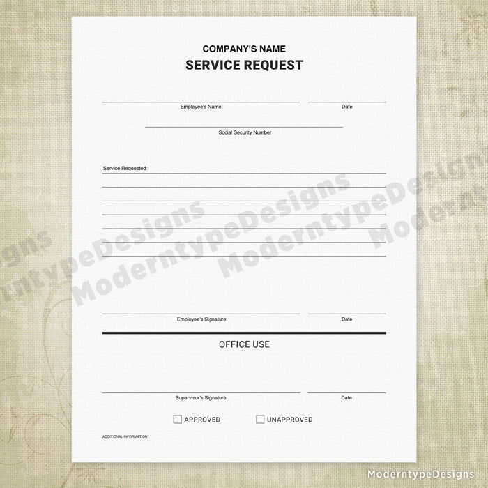 Service Request Printable Form for Business Boss, Personalized