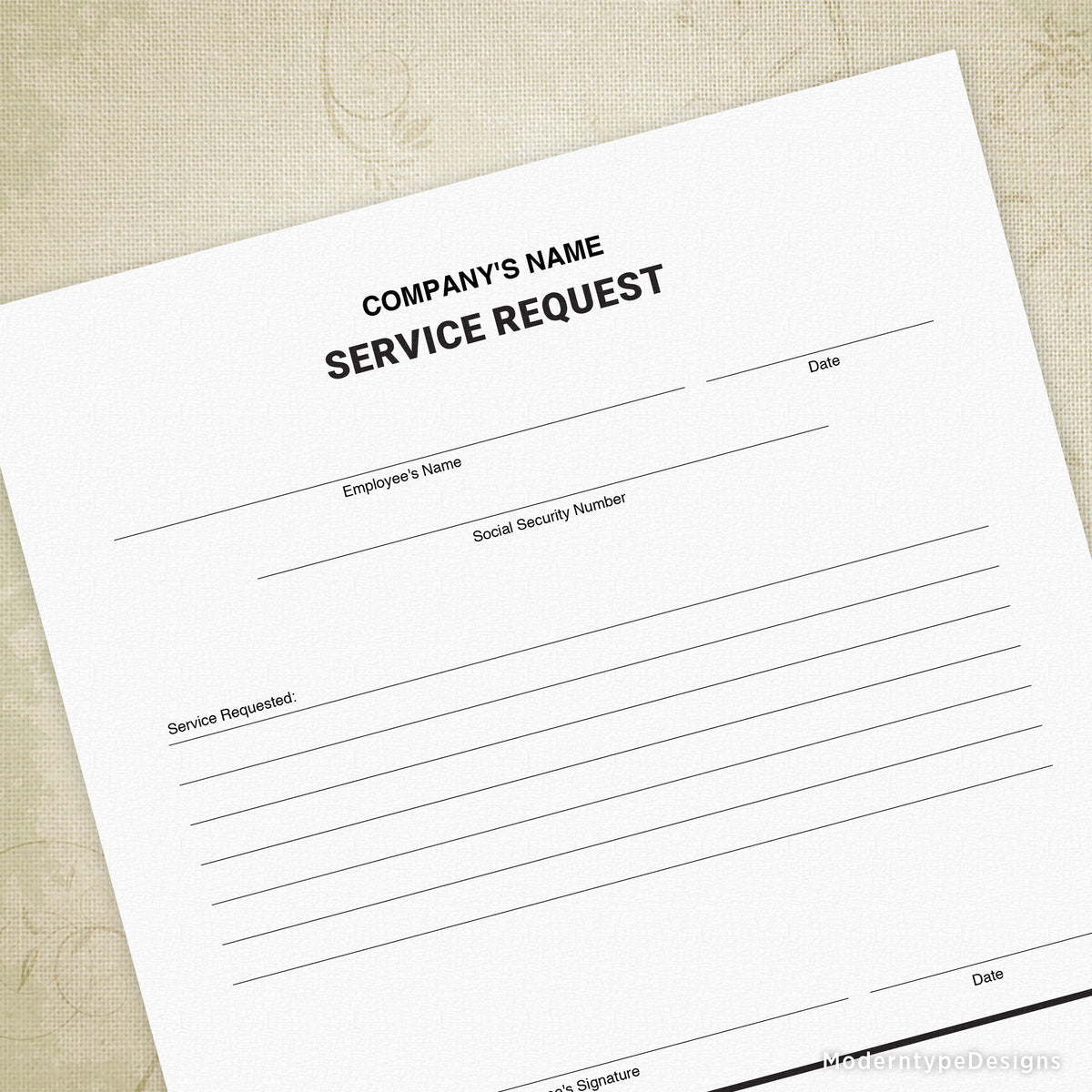 Service Request Printable Form for Business Boss, Personalized