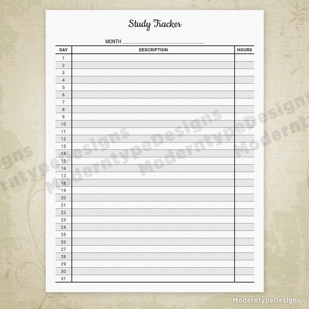 Study Tracker Printable