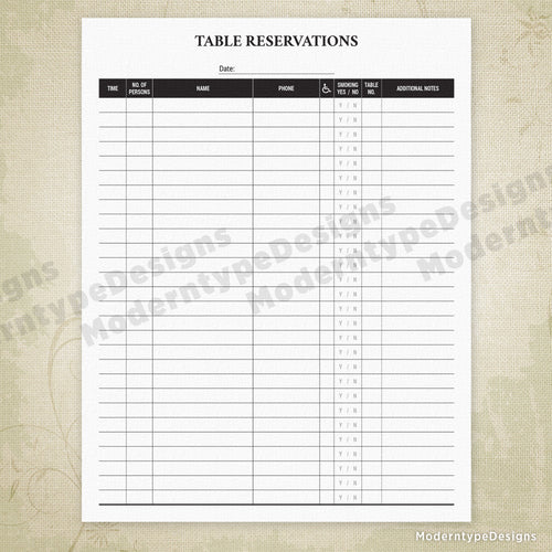 Table Reservations Printable