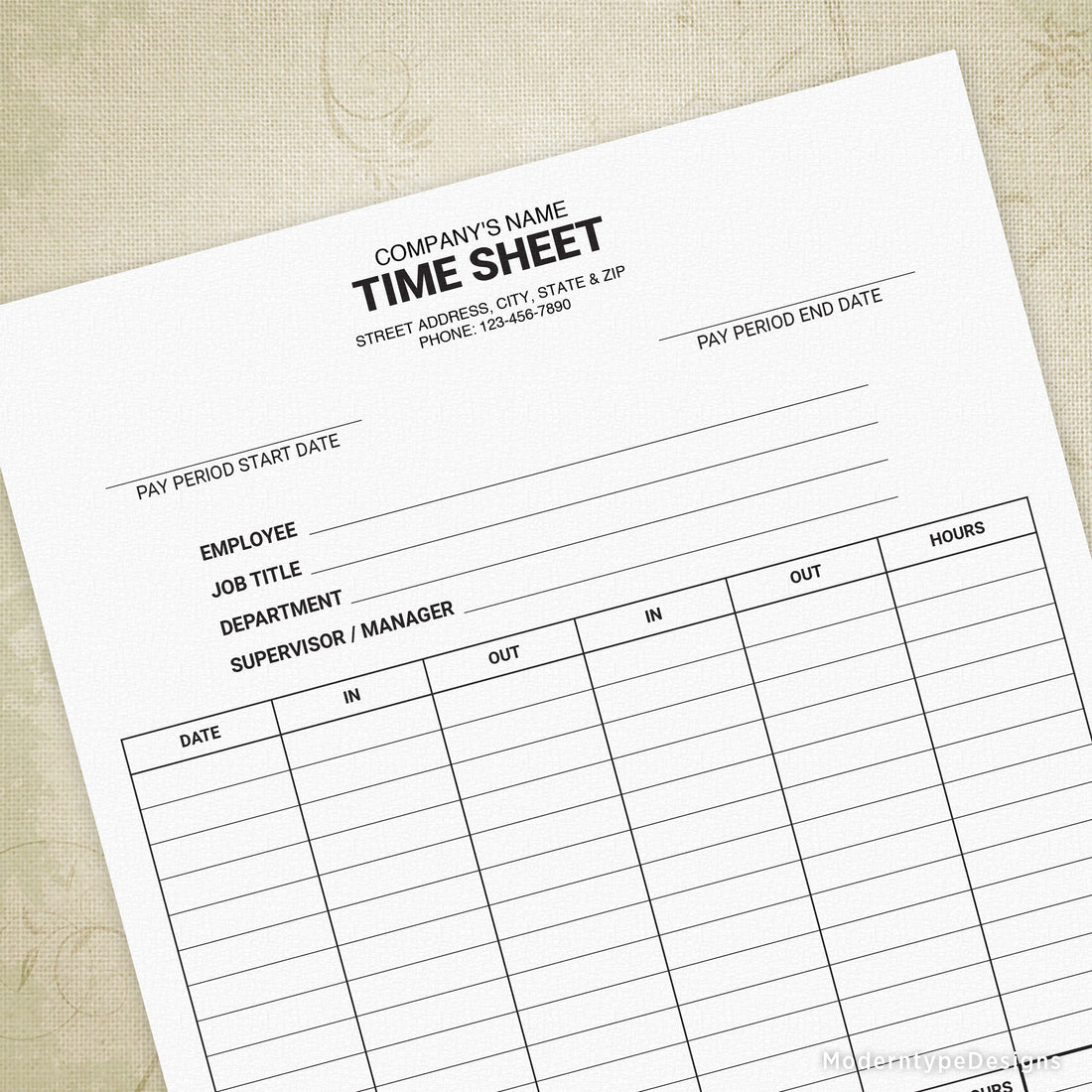 Employee Time Sheet Printable Form, Personalized