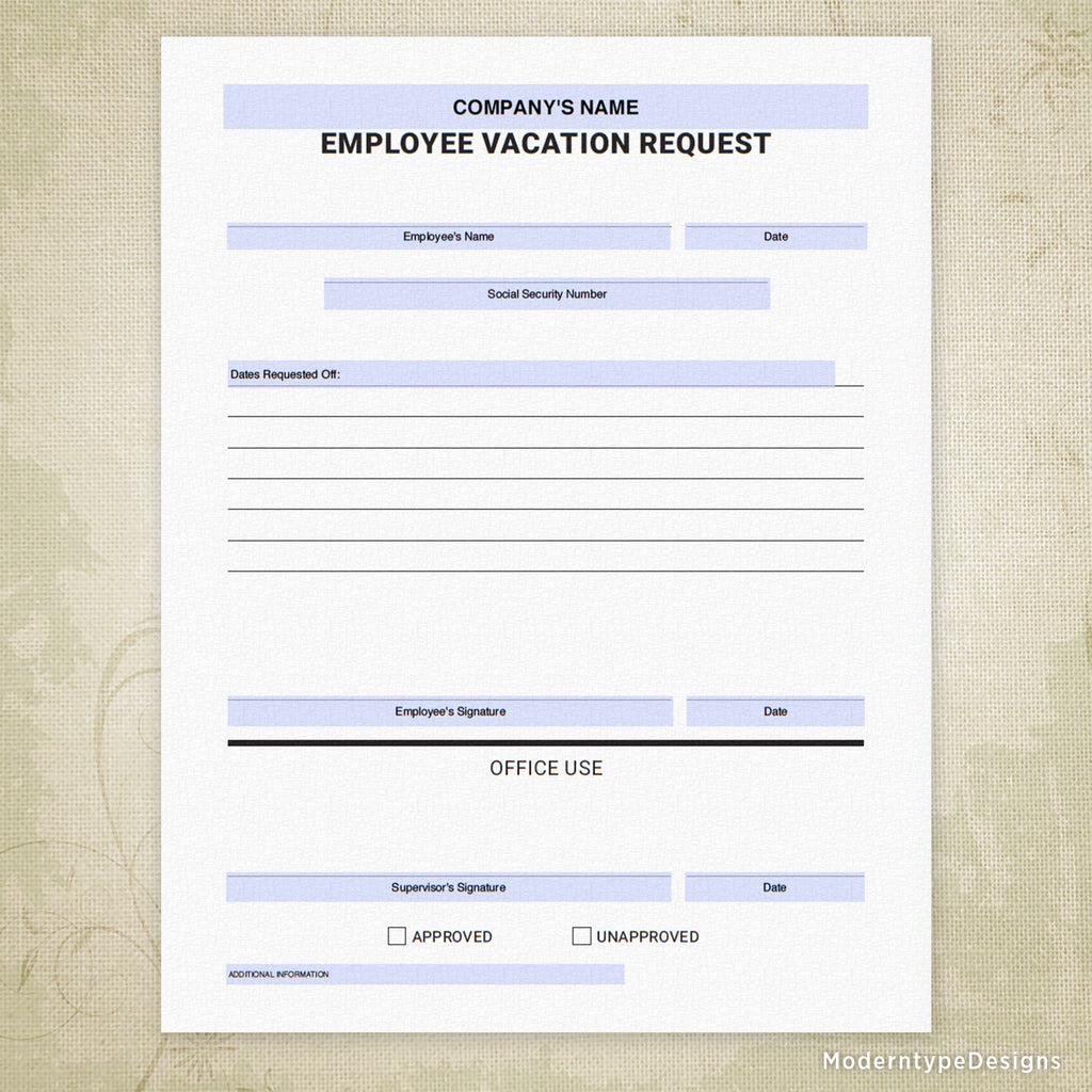 Employee Vacation Request Printable Form, Personalized
