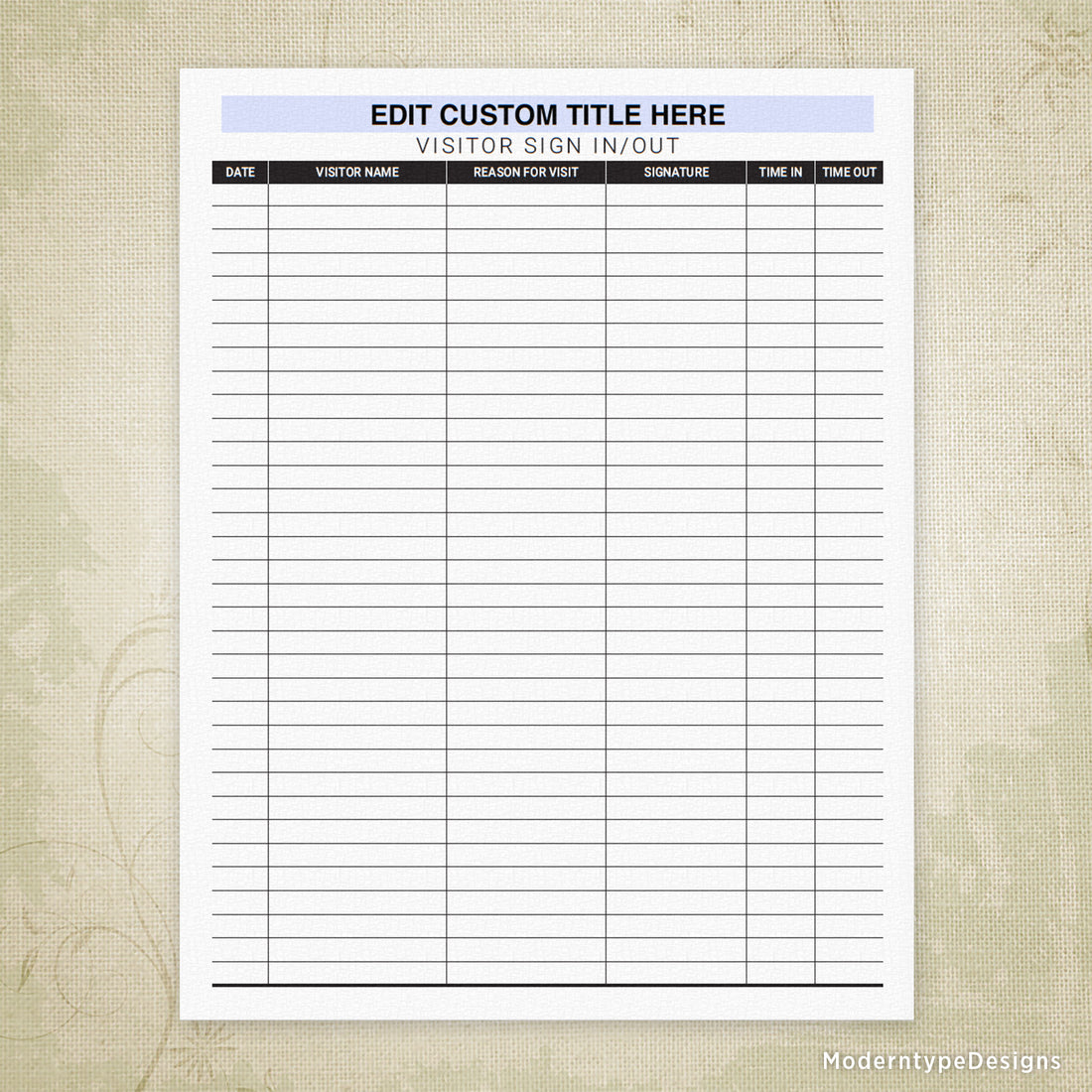 Visitor Sign In and Out Sheet Printable Form, Personalized