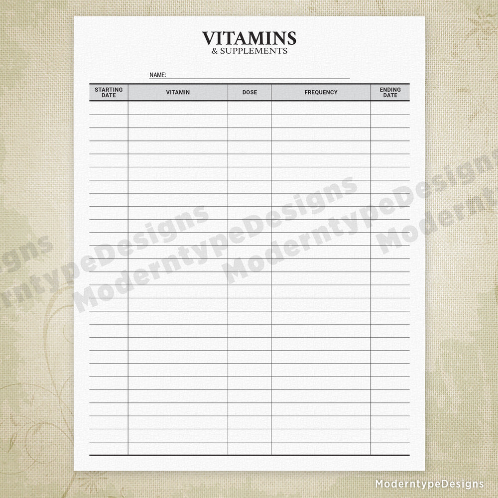 Vitamins & Supplements Log Printable