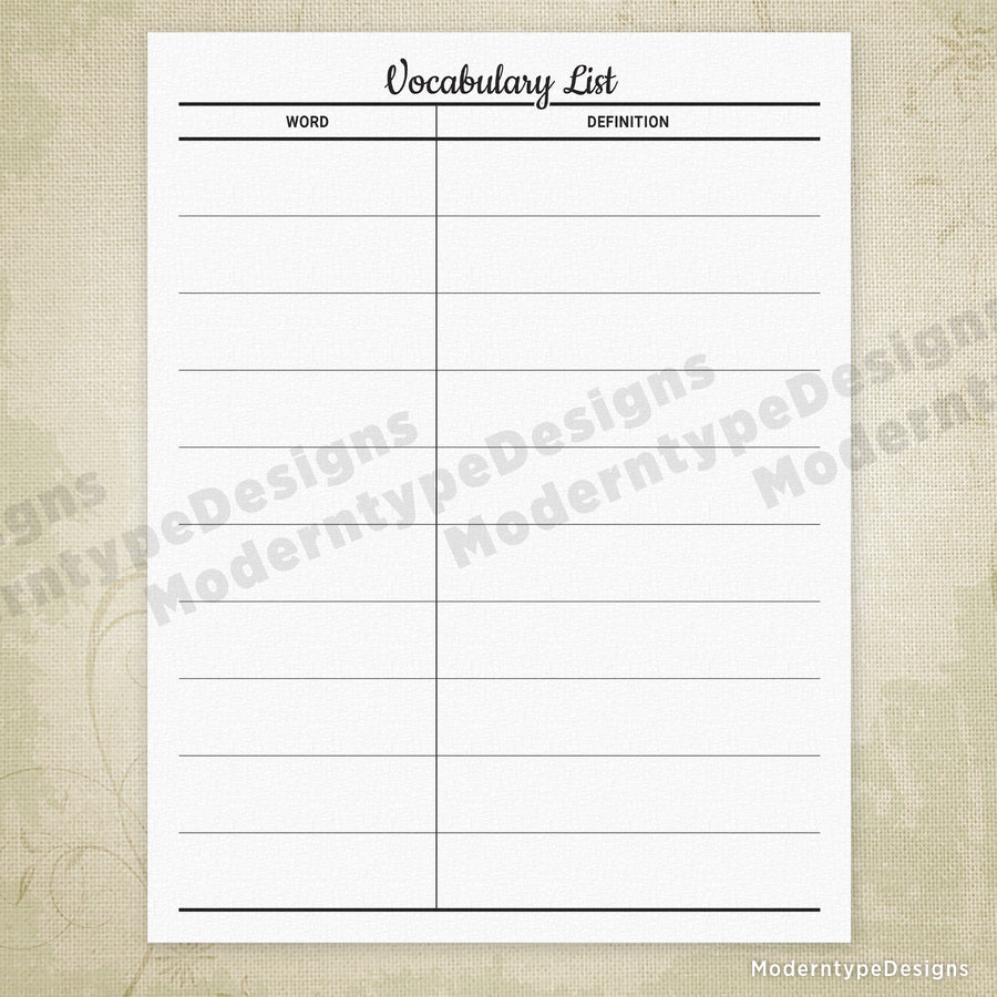 Simple Vocabulary List Printable - 10 Words