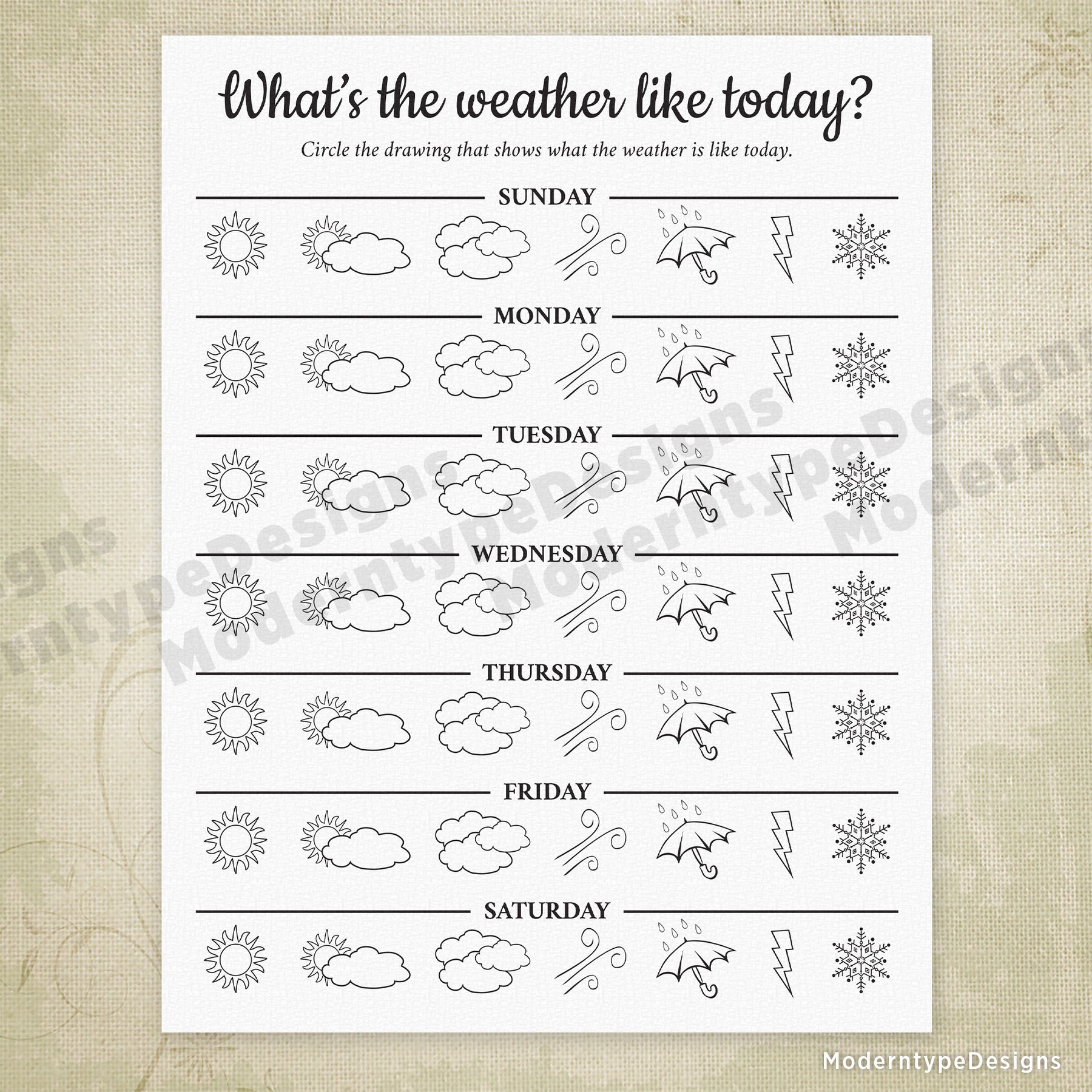 What's The Weather Like Today? Printable, 7 Days