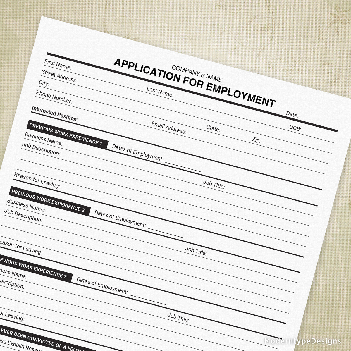 Application for Employment Printable, Personalized