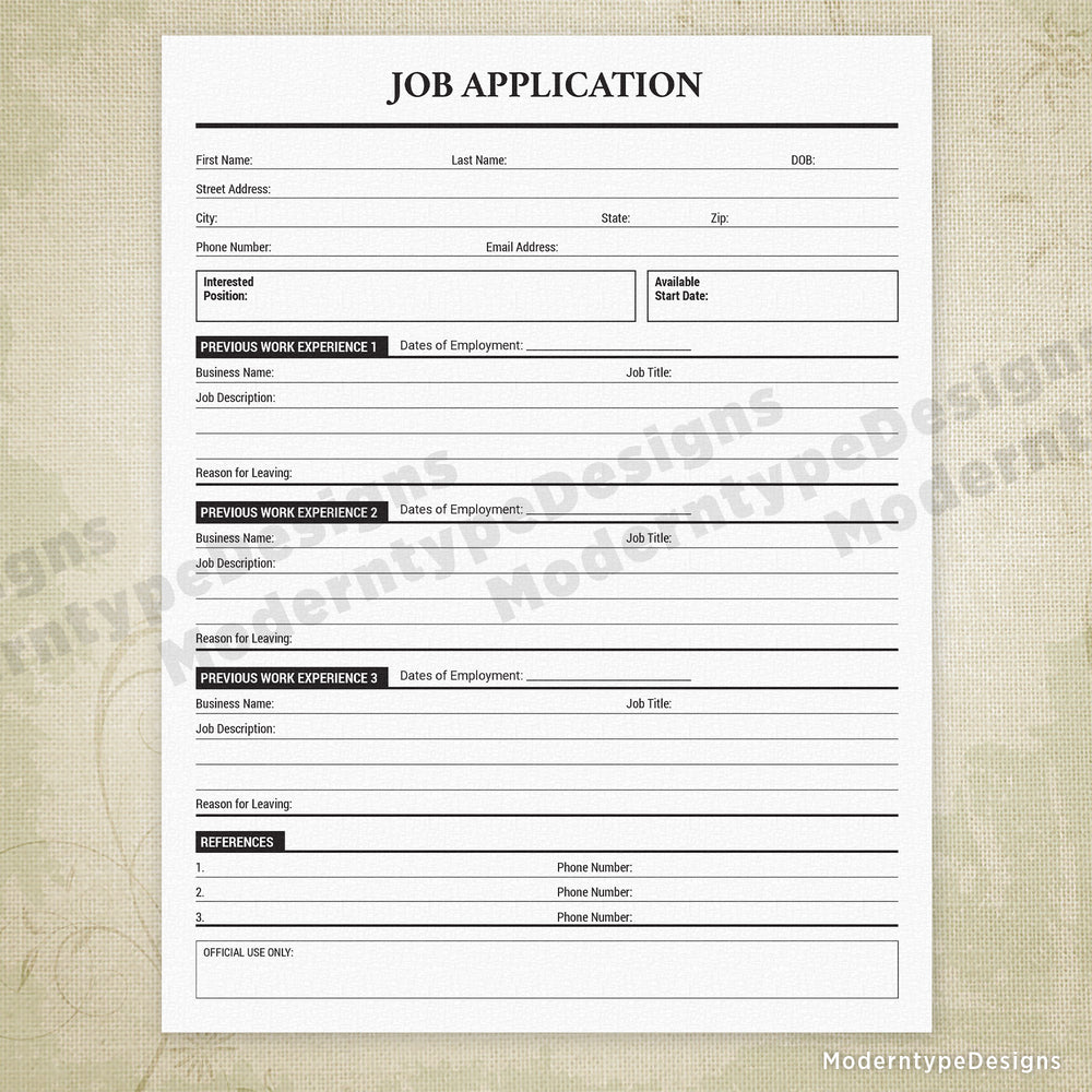 Job Application Printable