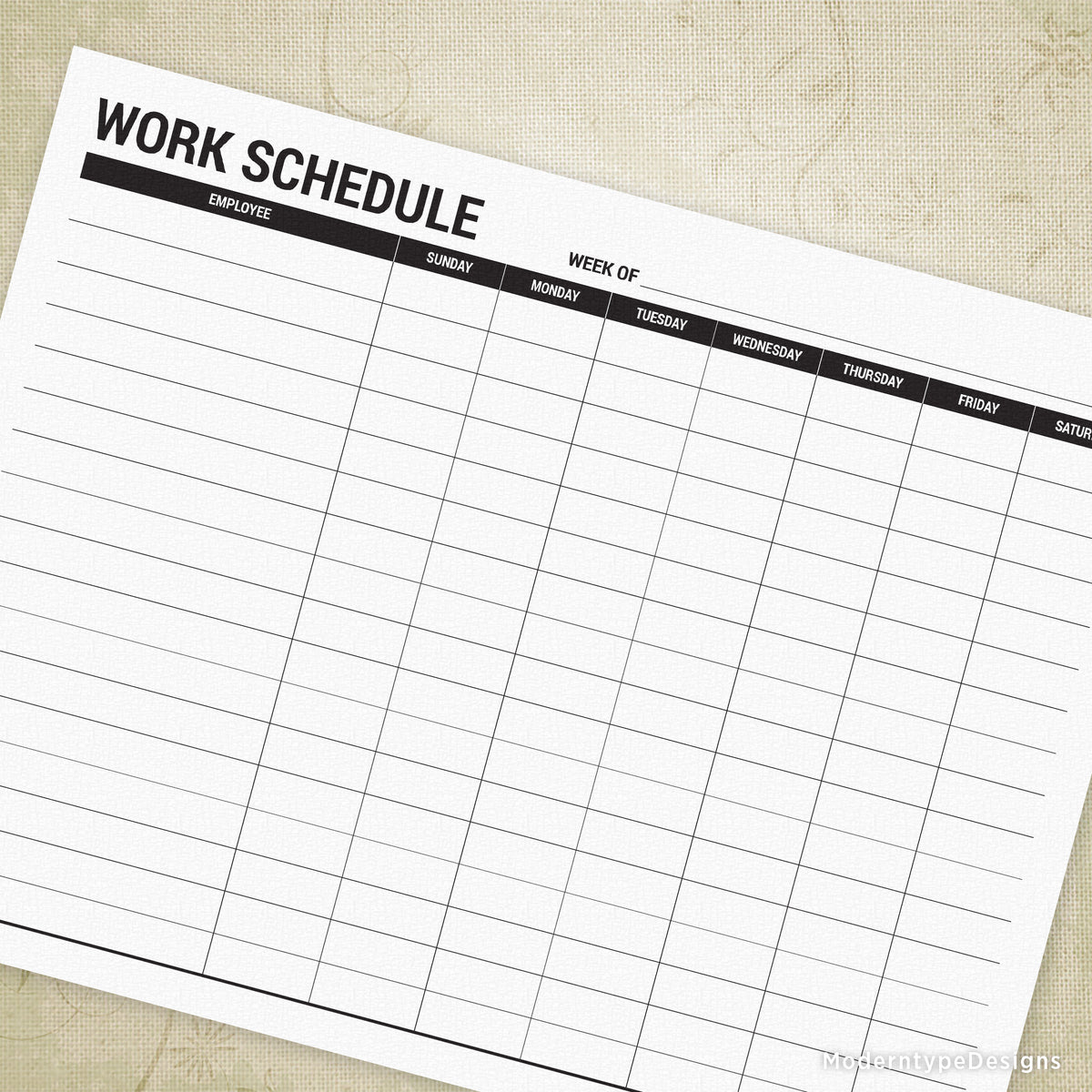 Employee Work Schedule Printable Form (Sunday - Saturday)