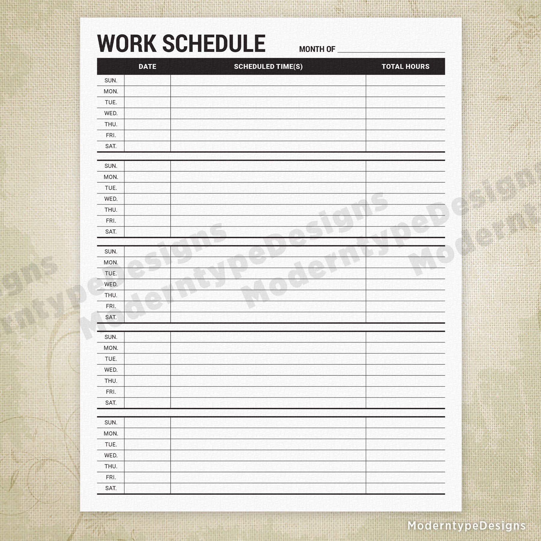Employee Work Schedule Printable Form (Sunday - Saturday)