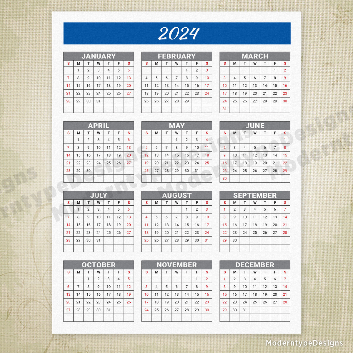 Yearly Printable Calendar Blue Header with Grid