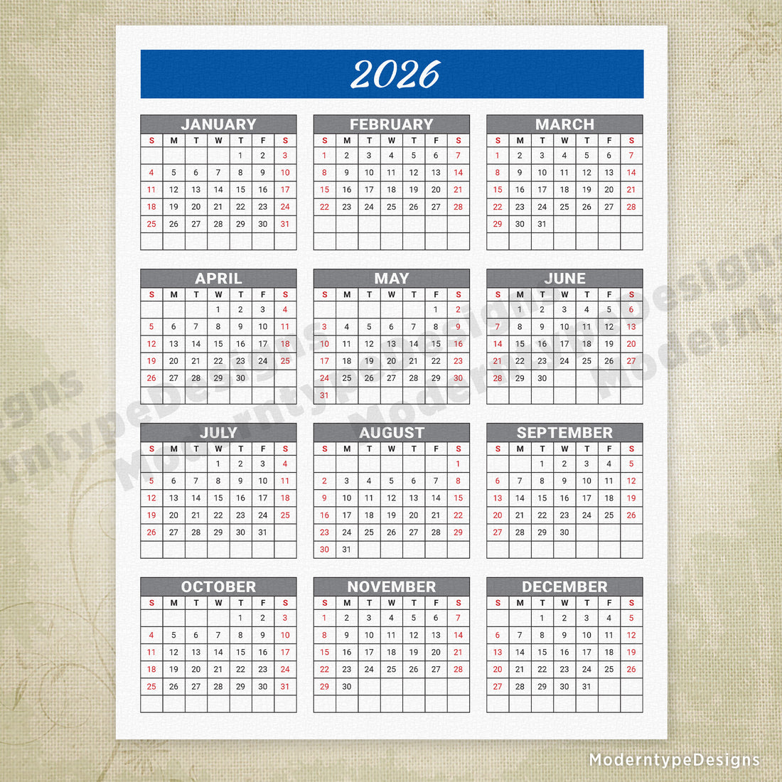 Yearly Printable Calendar Blue Header with Grid