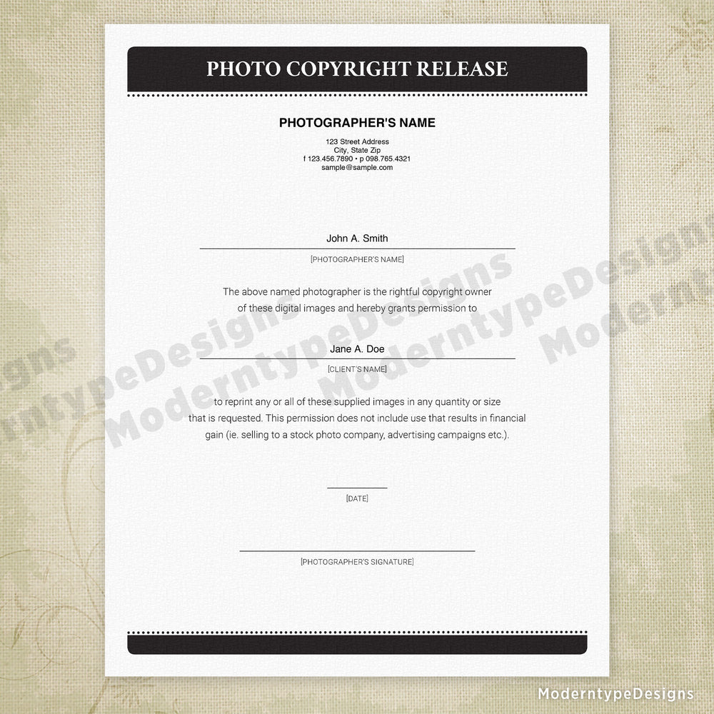 Photo Copyright Print Release Printable Form, Editable