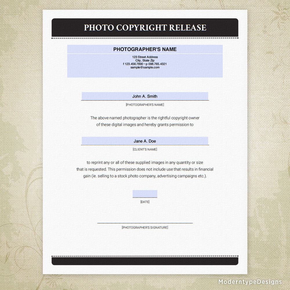 Photo Copyright Print Release Printable Form, Editable